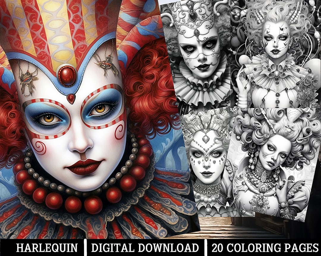 Harlequins Coloring Pages,for Adults Instant Download grayscale ...