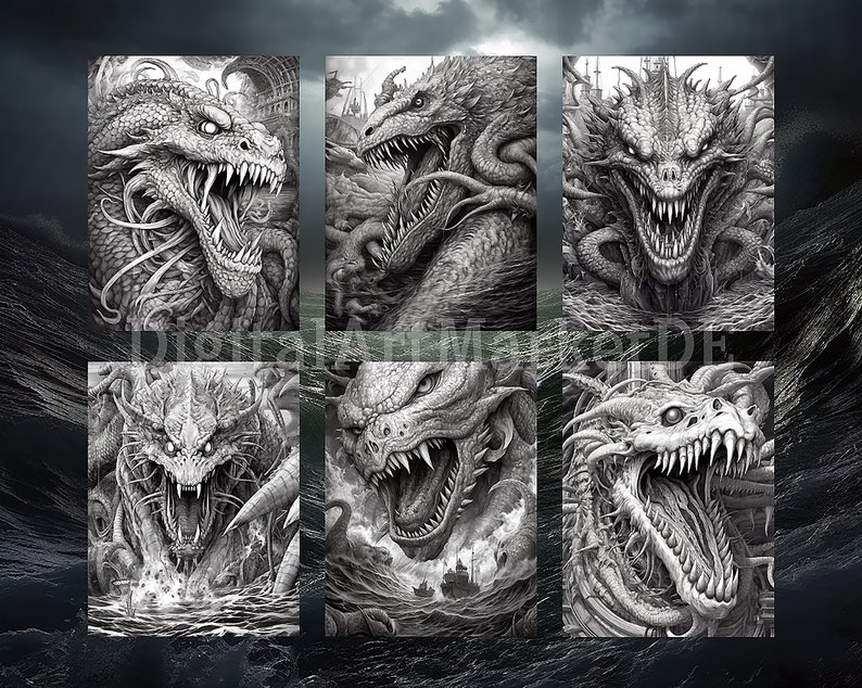Leviathan Coloring Pages for Adults - Instant Download - Grayscale ...