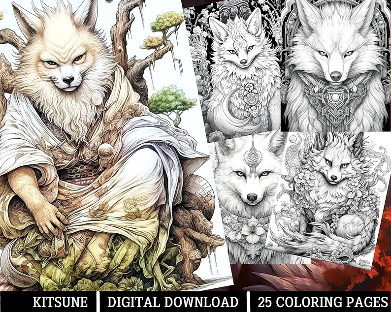 Kitsune Coloring Pages for Adults instant Download grayscale - Etsy