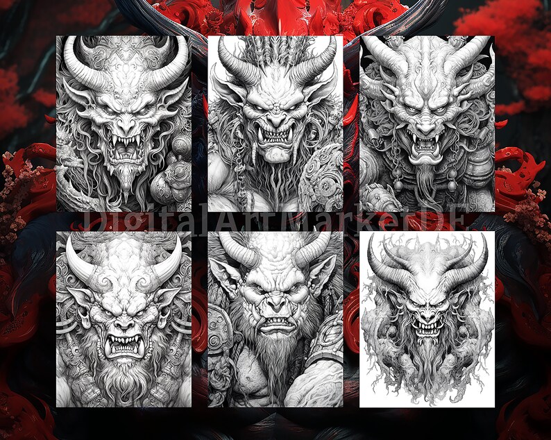 Oni Coloring Pagesfor Adults Instant Download grayscale - Etsy