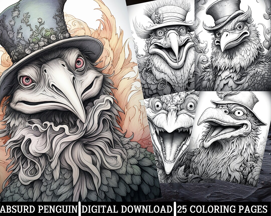 Absurd Penguins Coloring Pages for Adults Instant Download grayscale ...