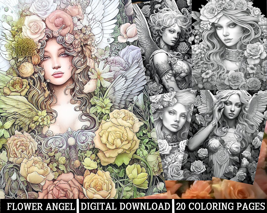 Flower Angels Coloring Pages,for Adults Instant Download Grayscale ...