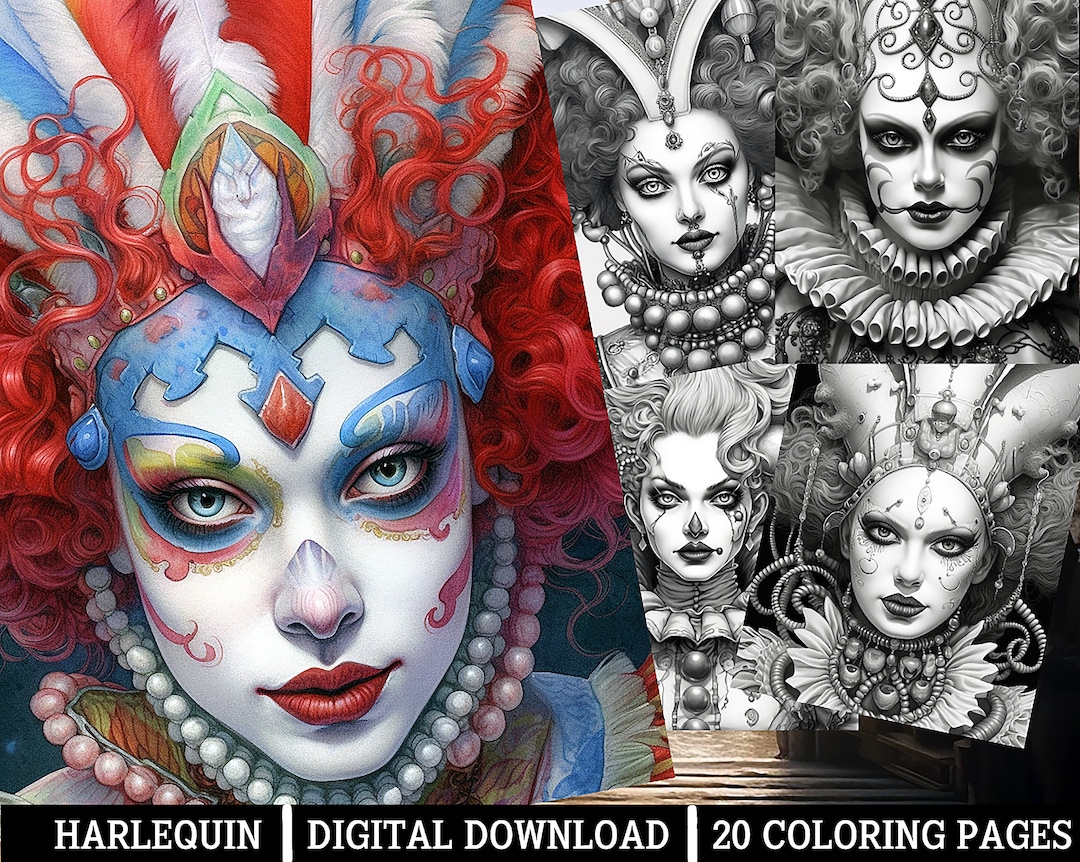 Harlequins Coloring Pages,for Adults Instant Download grayscale ...