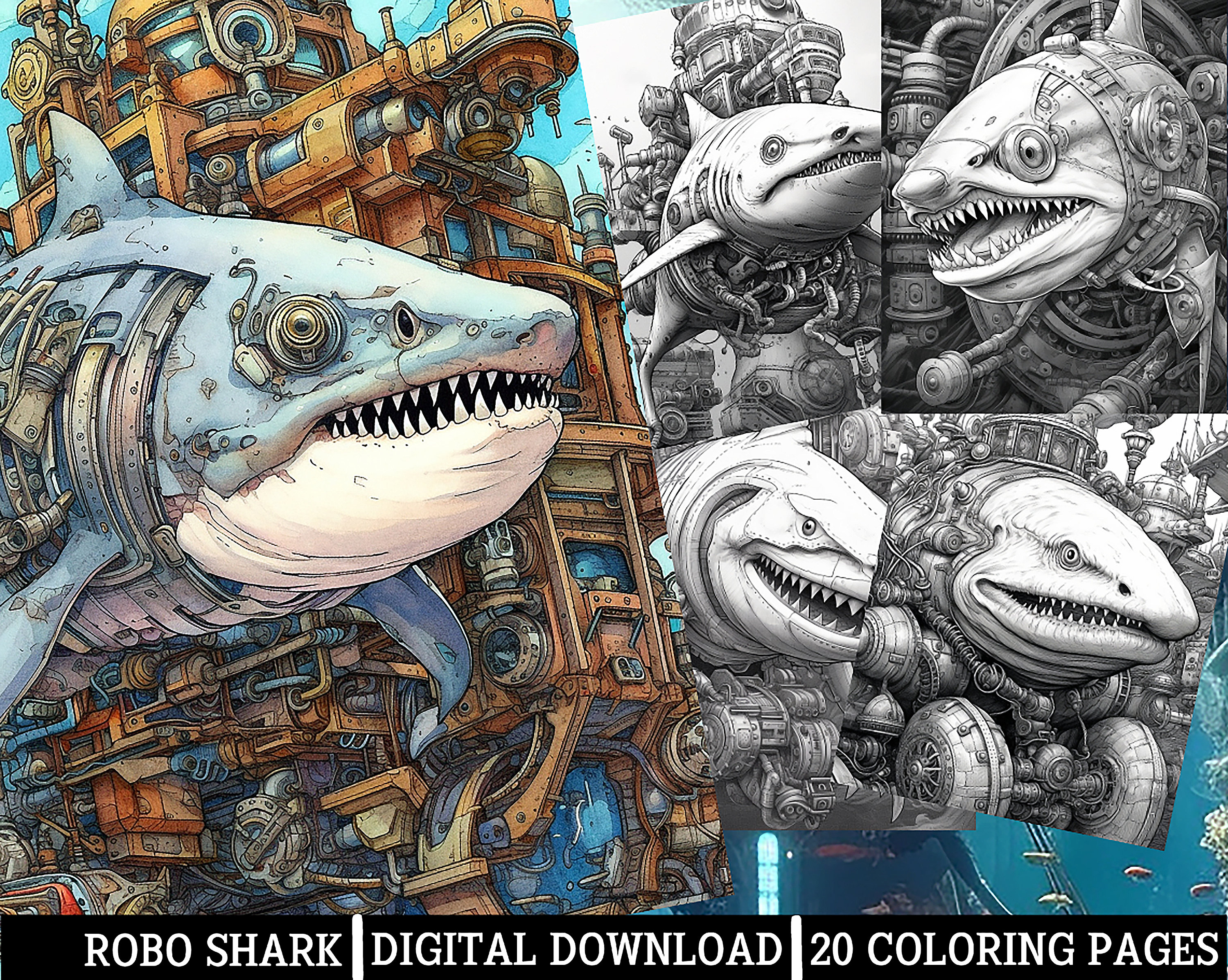 Robo Shark Coloring Pagesfor Adults instant Download - Etsy