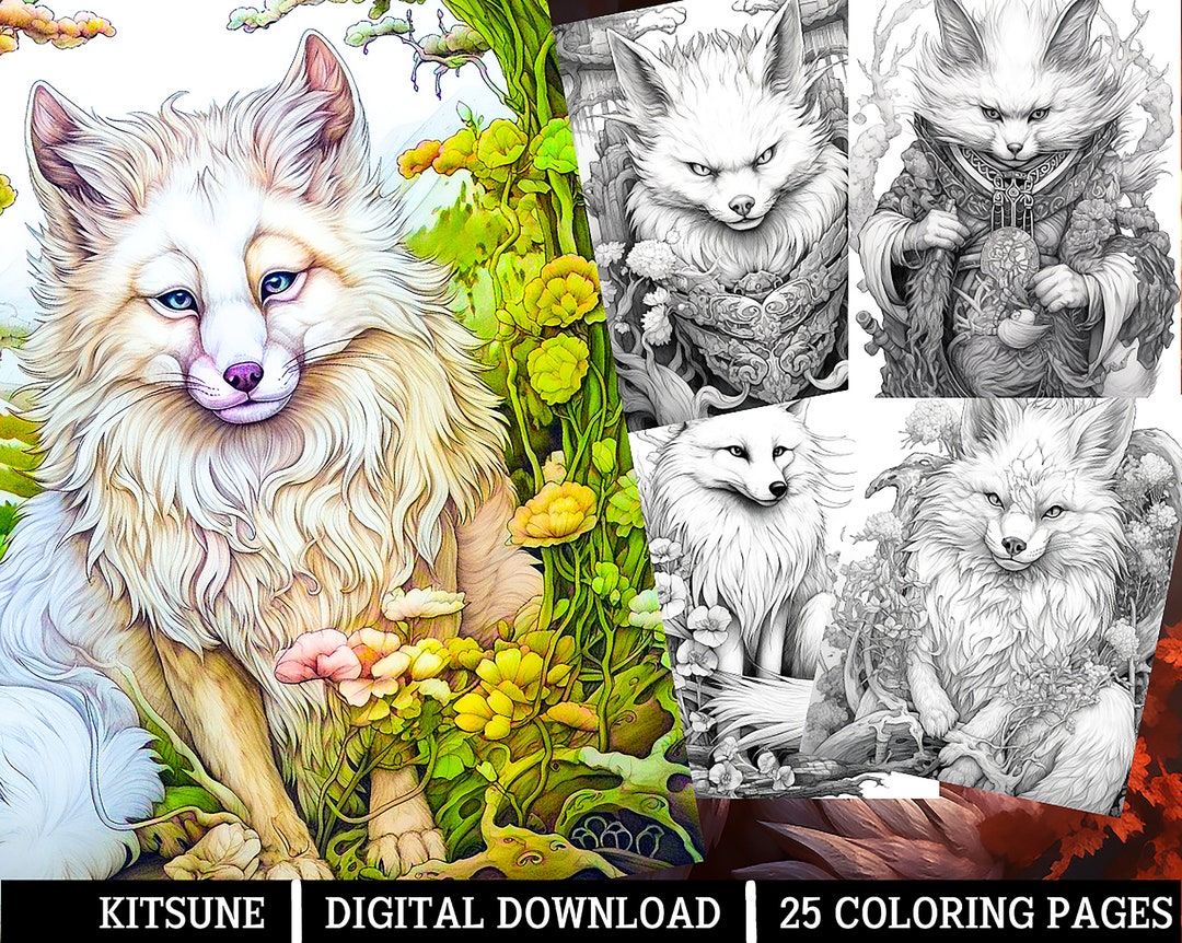Kitsune Coloring Pages for Adults instant Download grayscale Coloring ...