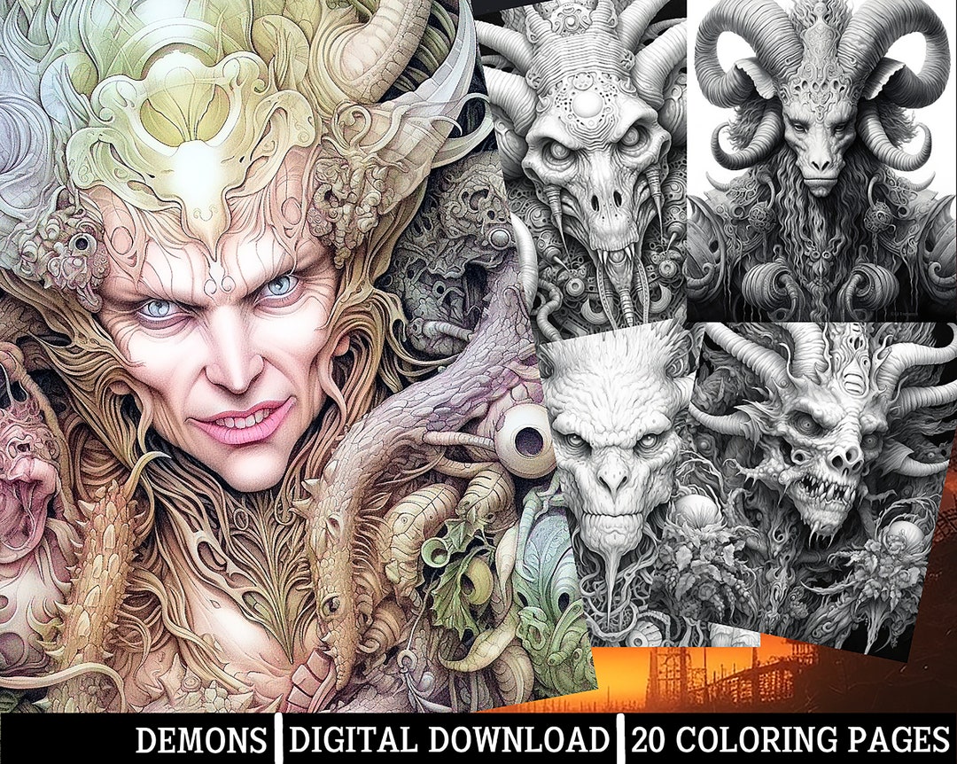 Demons Coloring Pages for Adults Instant Download Grayscale Coloring ...