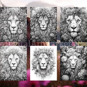Flower Lion Coloring Pages for Adults Instant Download Grayscale ...