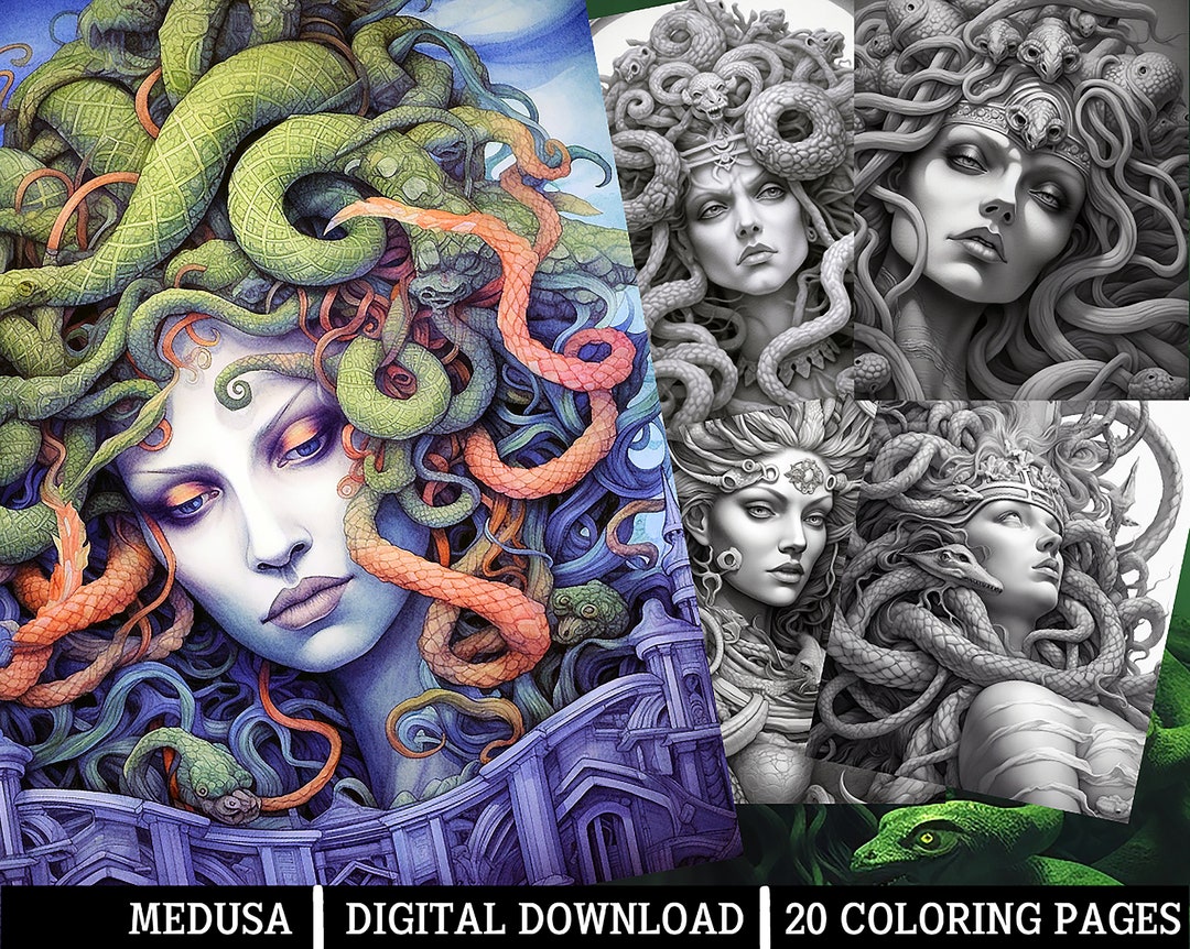 Medusa Coloring Pages,for Adults - Instant Download - Grayscale ...