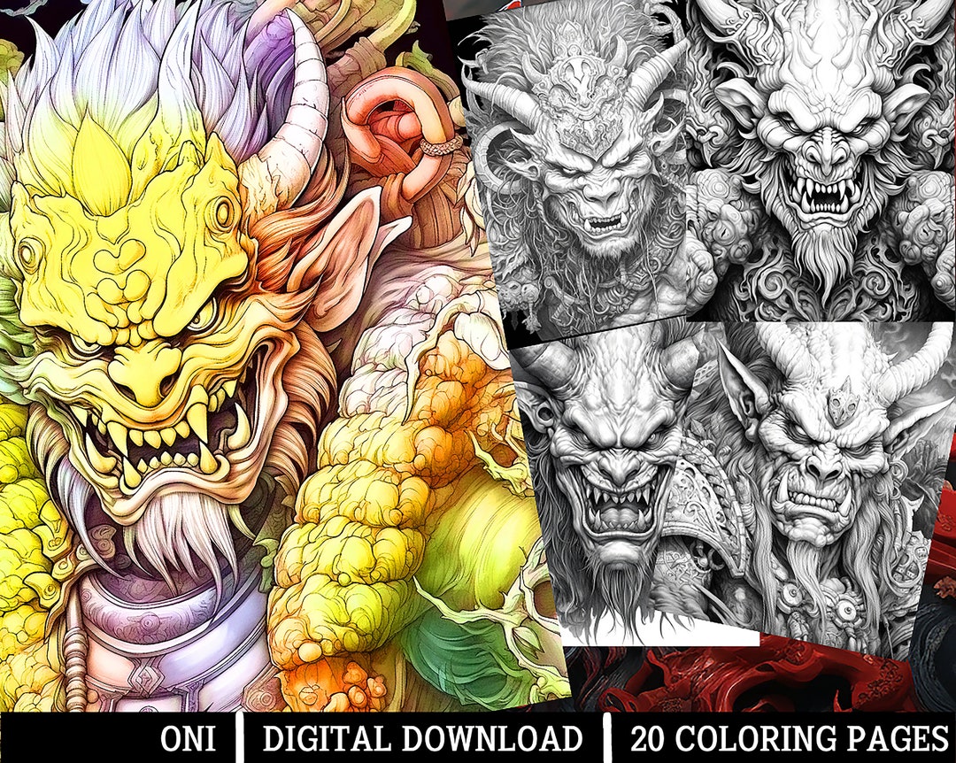 Oni Coloring Pagesfor Adults Instant Download grayscale - Etsy