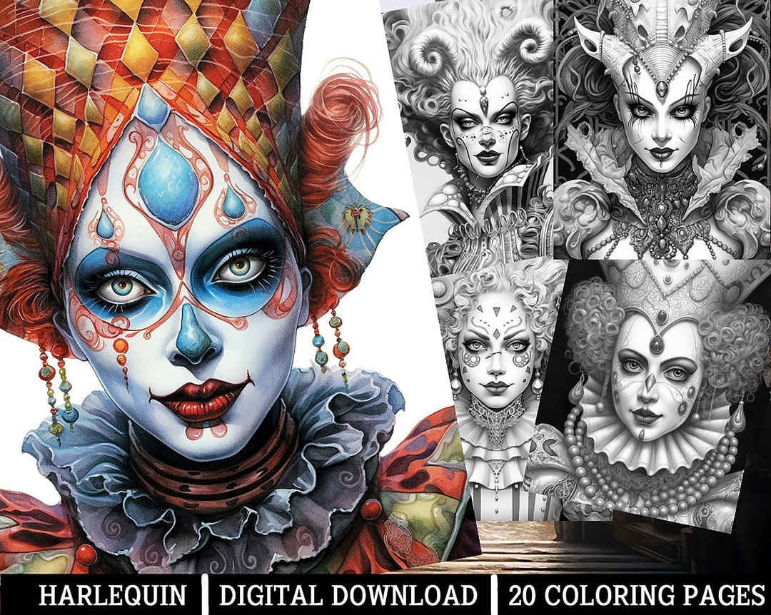Harlequins Coloring Pages,for Adults - Instant Download -grayscale ...