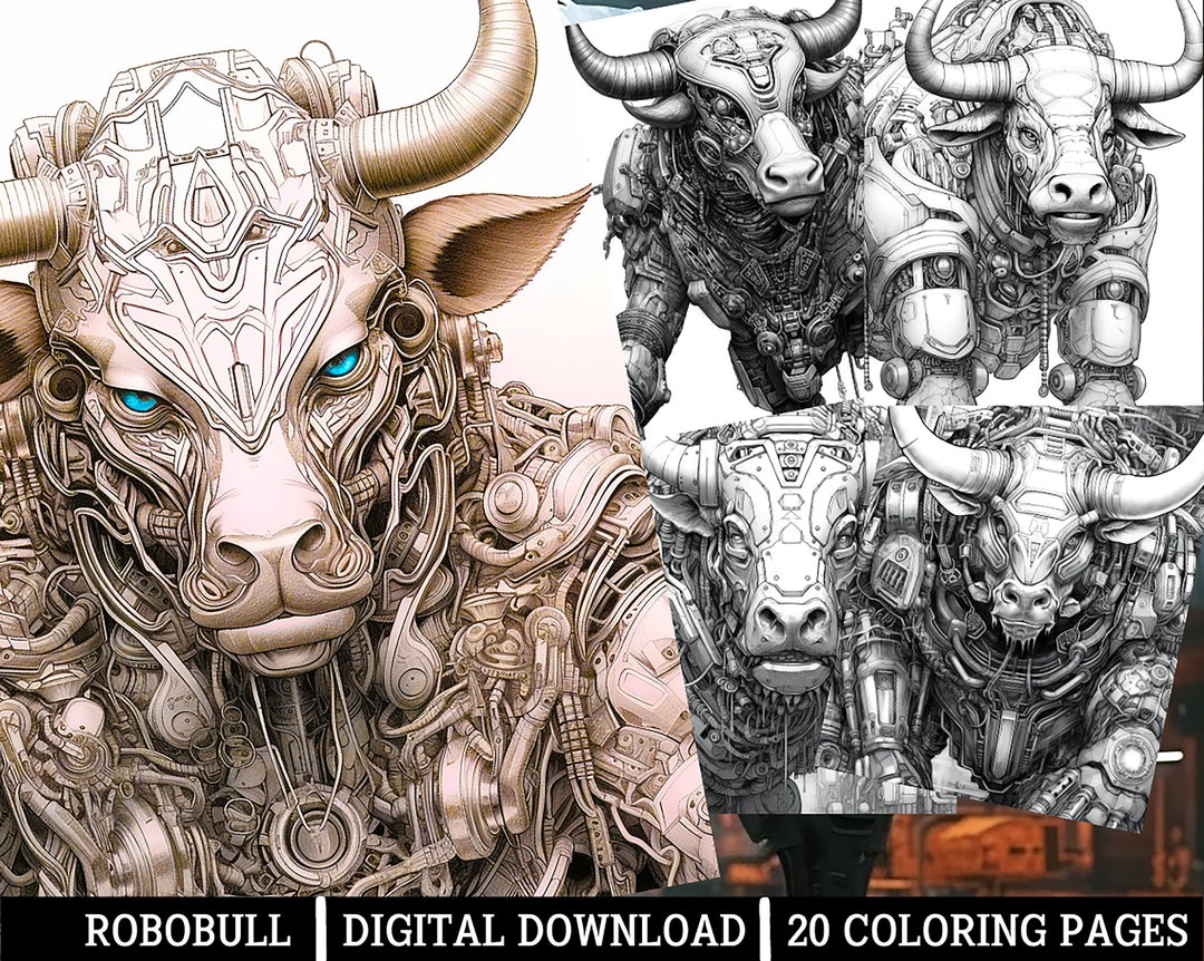 Robo Bull Coloring Pages,for Adults instant Download grayscale Coloring ...