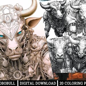 Robo Bull Coloring Pages,for Adults instant Download grayscale Coloring ...