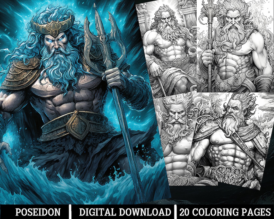 Poseidon Coloring Pages for Adults Instant Download Grayscale Coloring ...