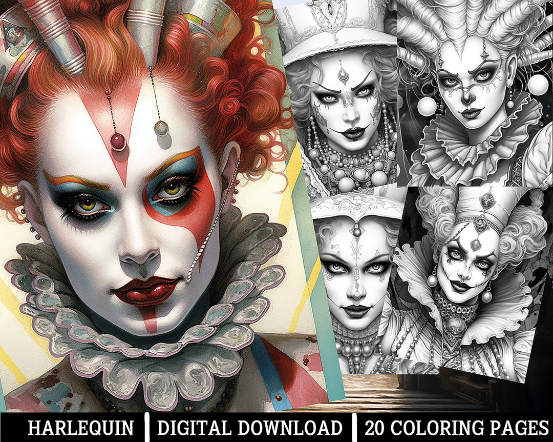 Harlequins Coloring Pages,for Adults Instant Download grayscale ...