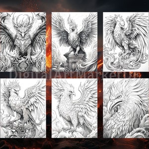 Phoenix Coloring Pages,for Adults Instant Download Grayscale Coloring ...