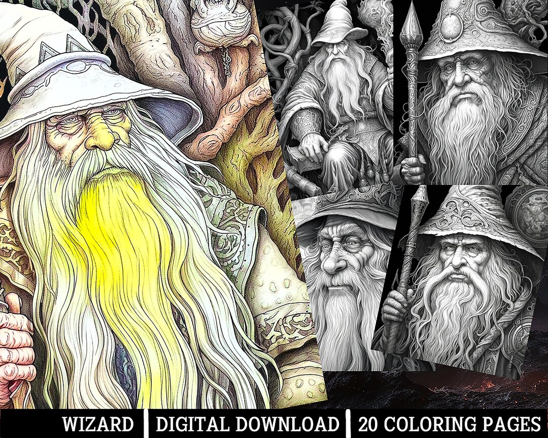 Wizard Coloring Pages for Adults Instant Download Grayscale Coloring ...
