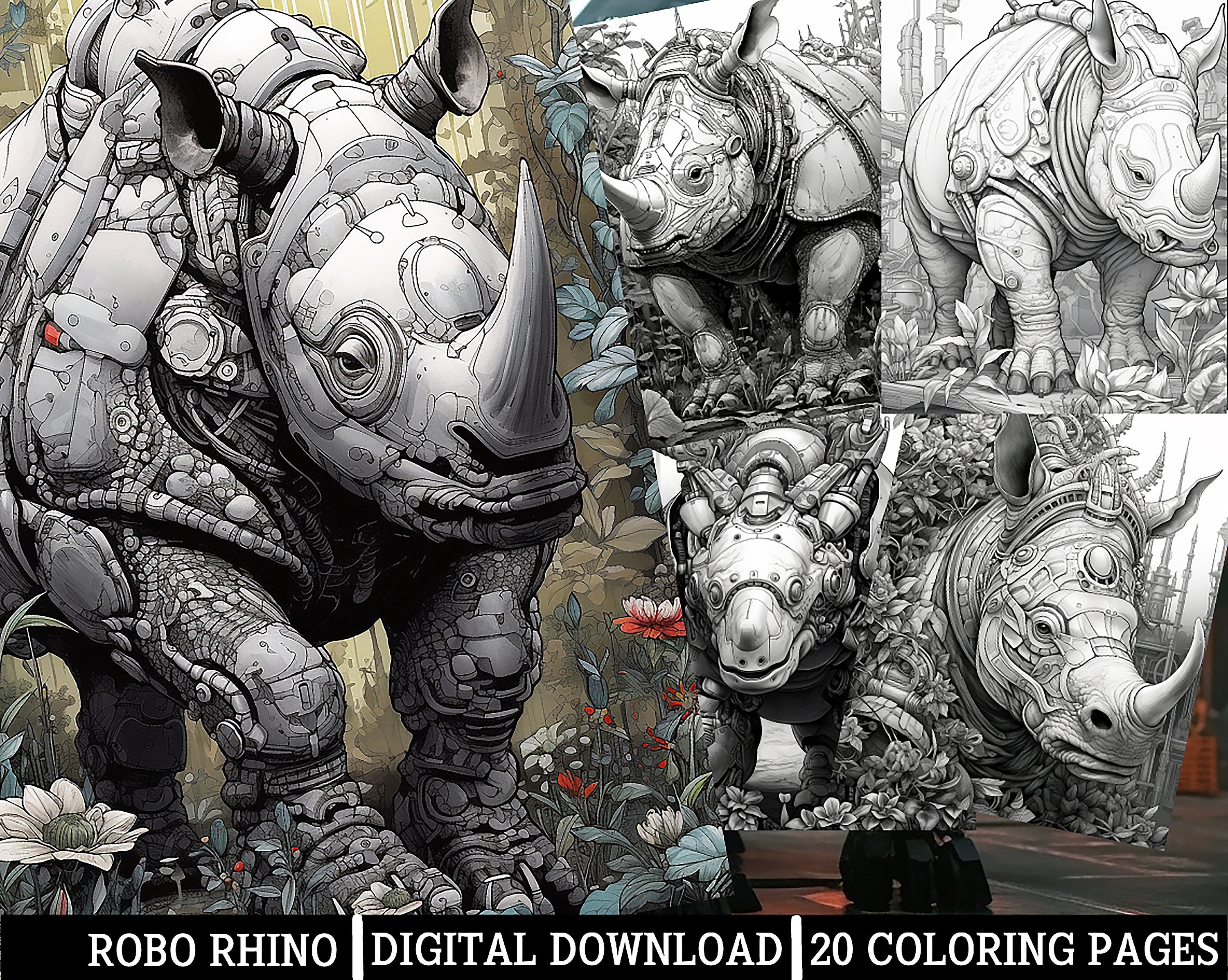 Robo Rhino Coloring Pagesfor Adults instant Download - Etsy