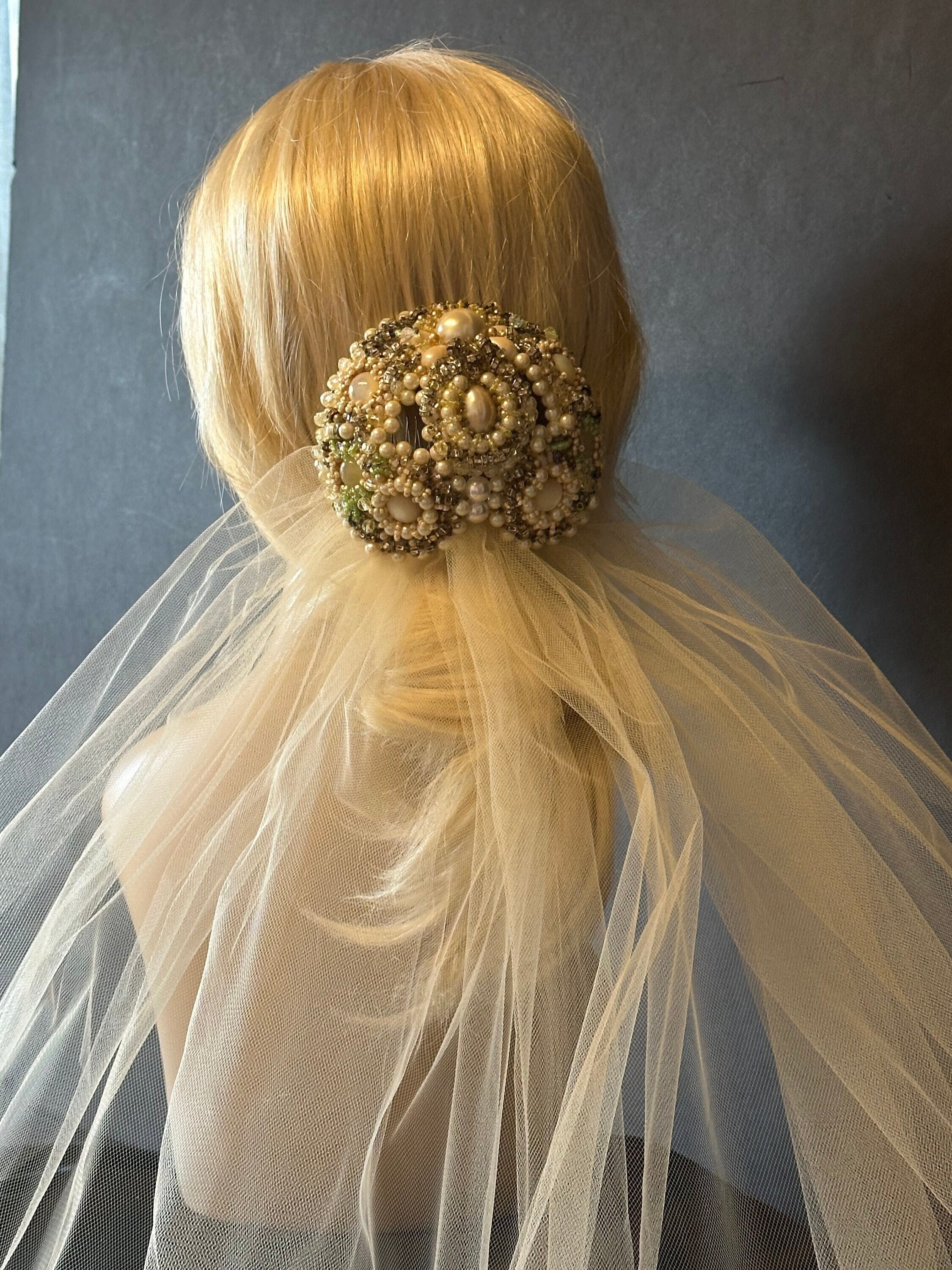 Bridal Bejeweled Chignon Cover Embroidered Pearls Crystals Colored ...
