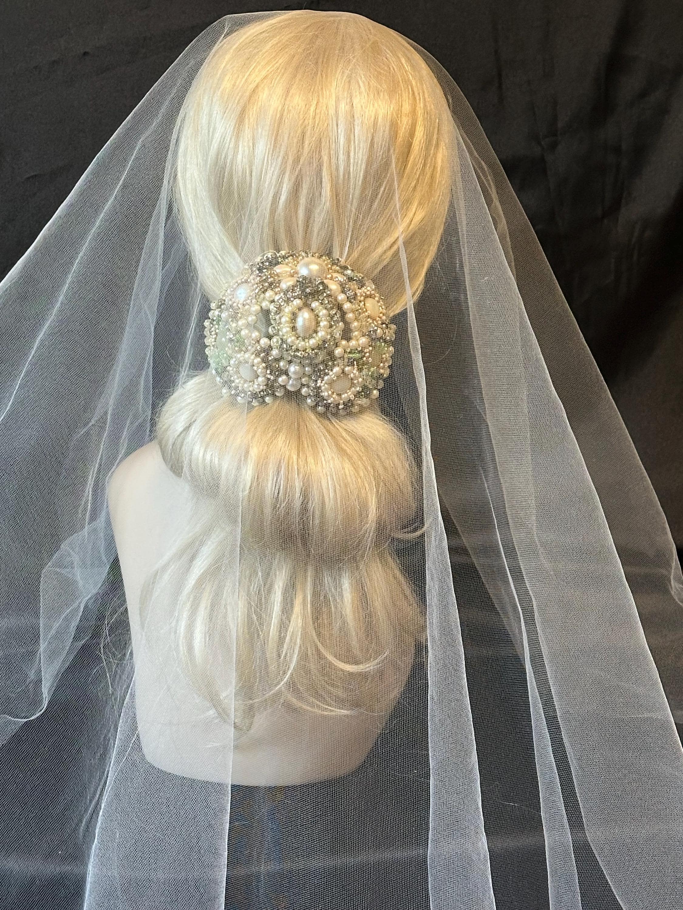 Bridal Bejeweled Chignon Cover Embroidered Pearls Crystals Colored ...