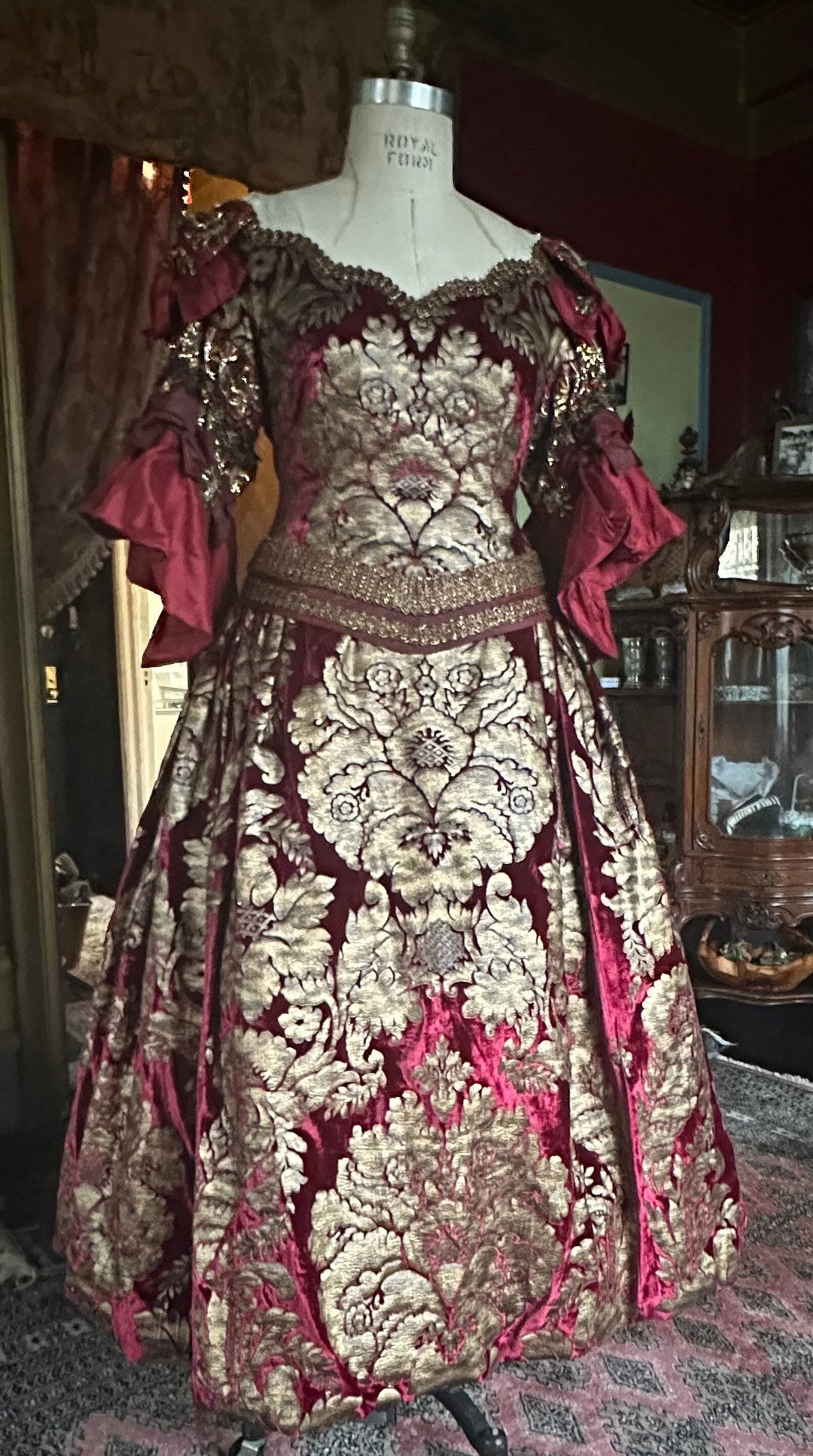 Crimson Red Velvet Brocade Wedding Late 1800 Fashion Red and Gold ...