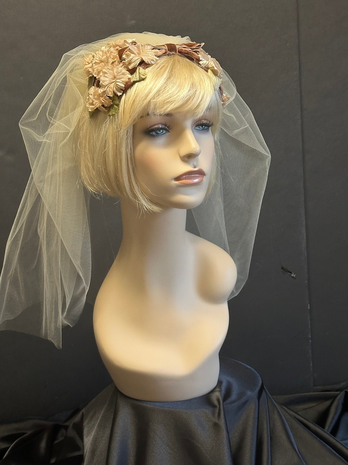 Vintage 60s French Bibi Bridal Headpiece: Ivory Flowers, Velvet Bow ...