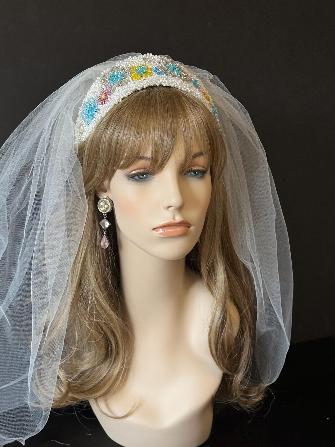 Handcrafted Beaded Bridal Tiara: Colorful Flower Veil, Wedding Diadem ...