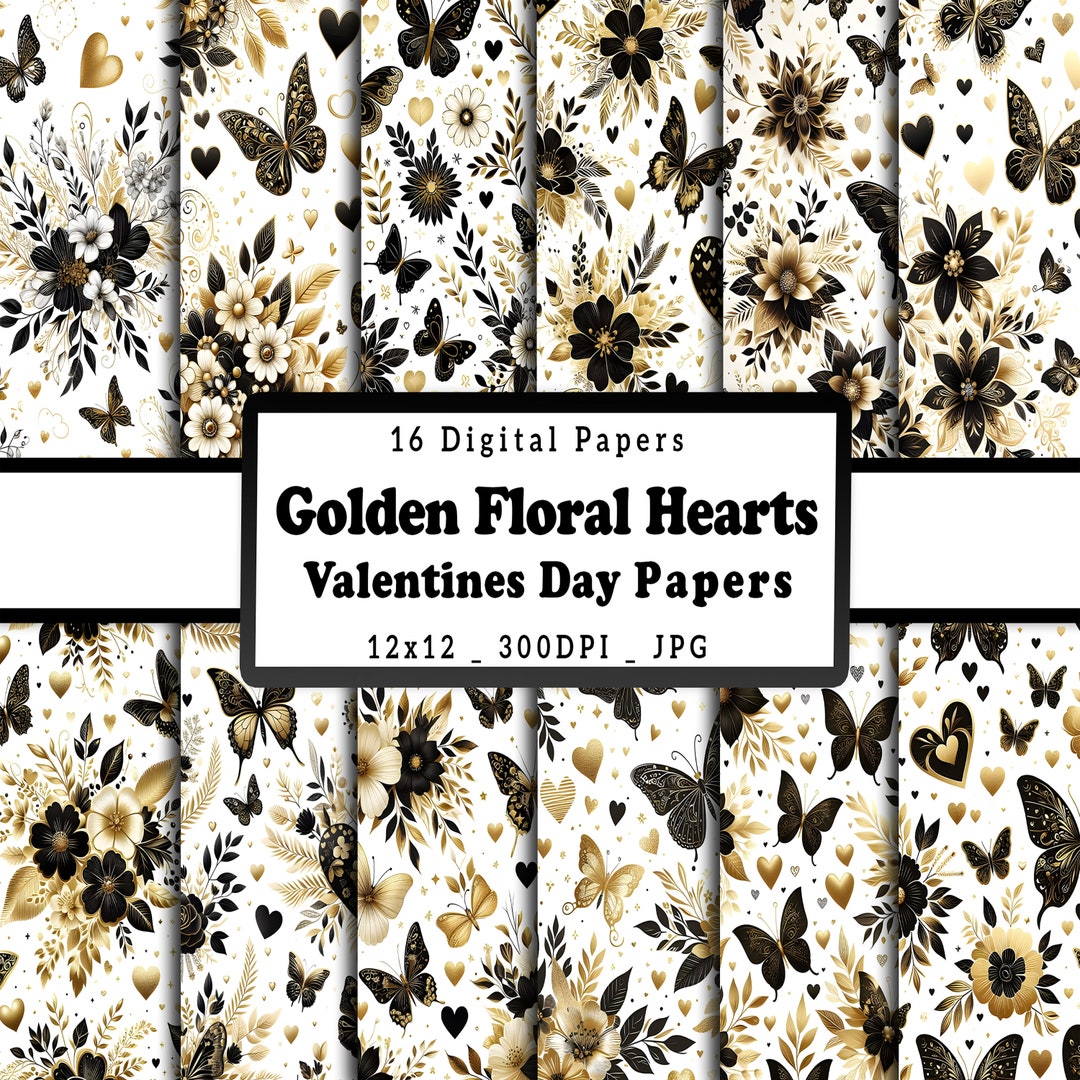 Love Hearts Digital Paper, Printable Valentine Pattern, Gold Valentines ...