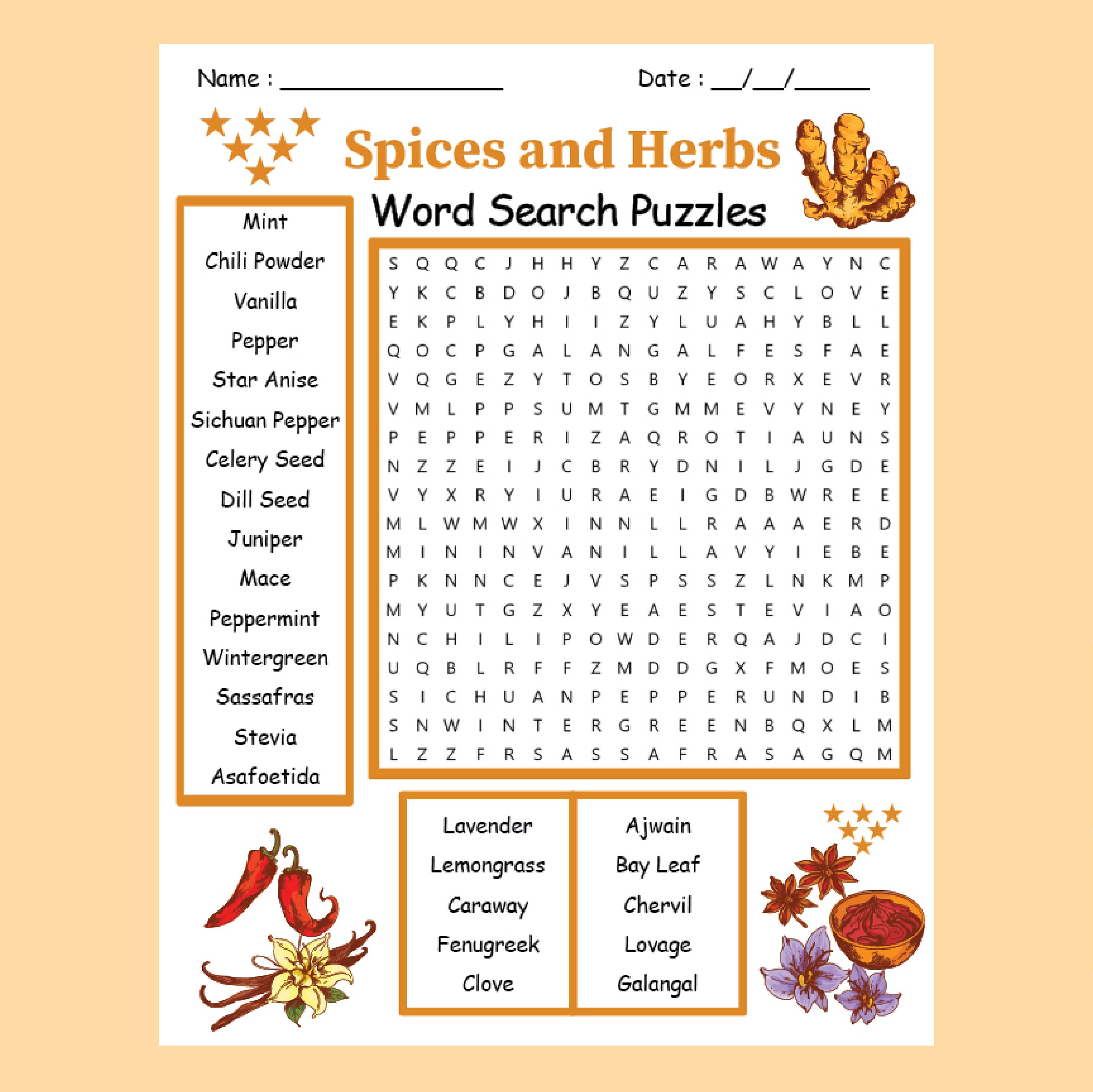 Spices and Herbs Word Search Puzzle Worksheet Activity | 100 Printable ...