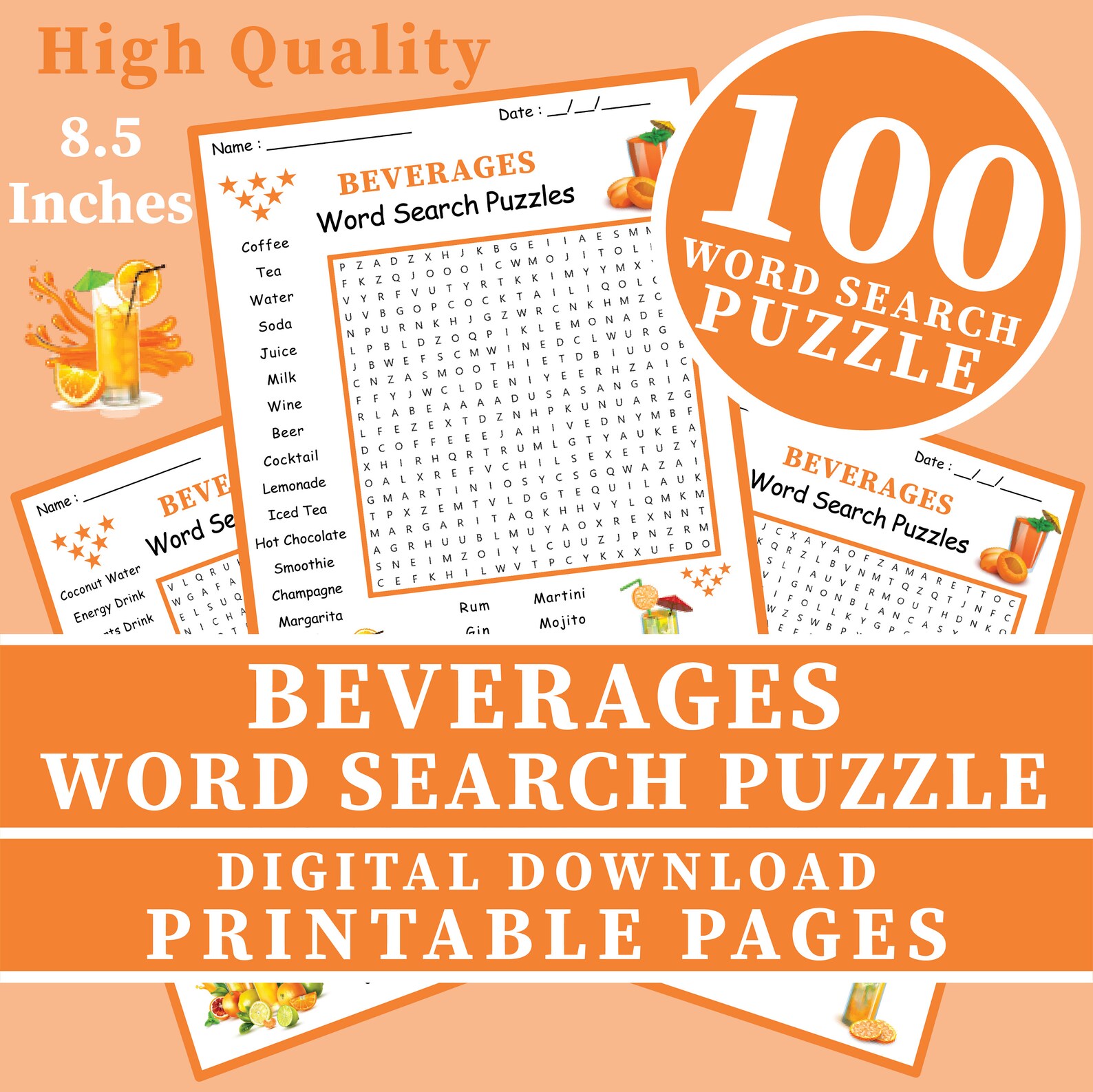 Beverages Word Search Puzzle Worksheet Activity | 100 Printable Puzzle ...
