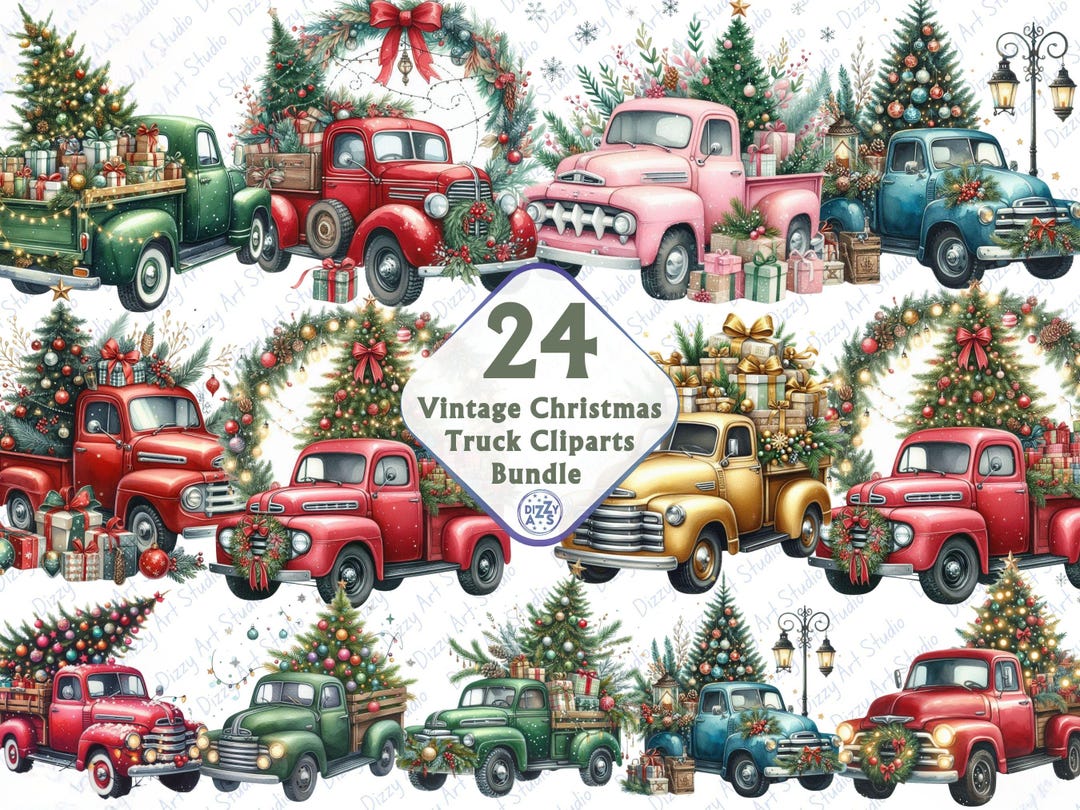 Vintage Christmas Truck Art Prints, Festive Holiday Decor Collection ...