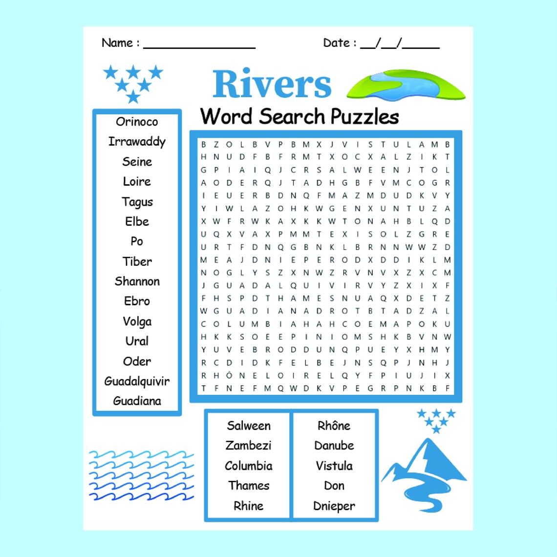 Rivers Word Search Puzzle Worksheet Activity | 100 Printable Puzzle ...