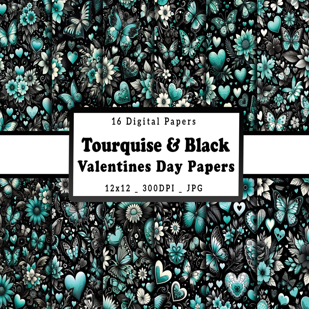 Love Heart Digital Paper, Printable Valentine Pattern, Turquoise and ...