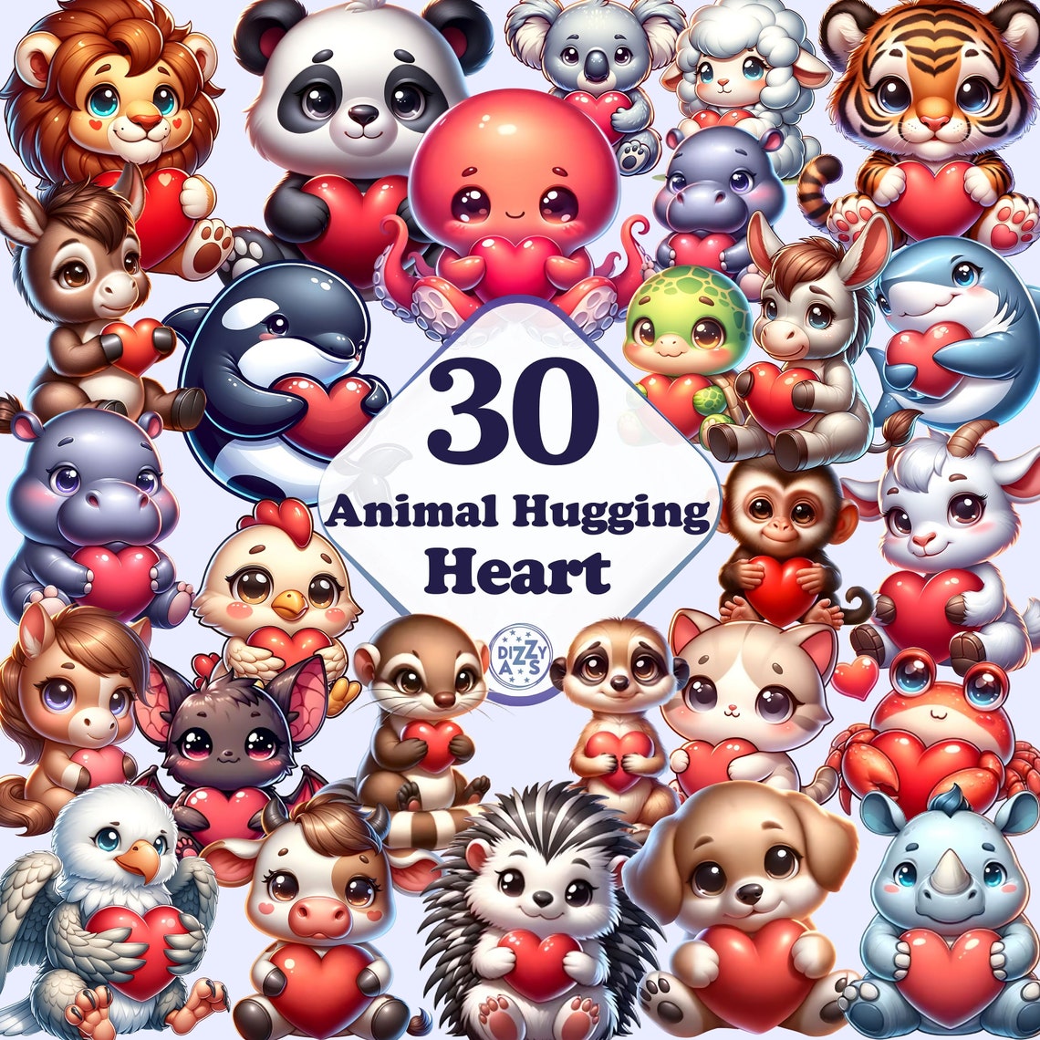 Valentines Day Animal Clipart Bundle, Animal Hugging Heart PNG ...