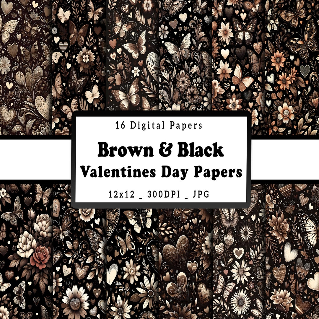 Love Hearts Digital Paper, Printable Valentine Pattern, Brown and Black ...