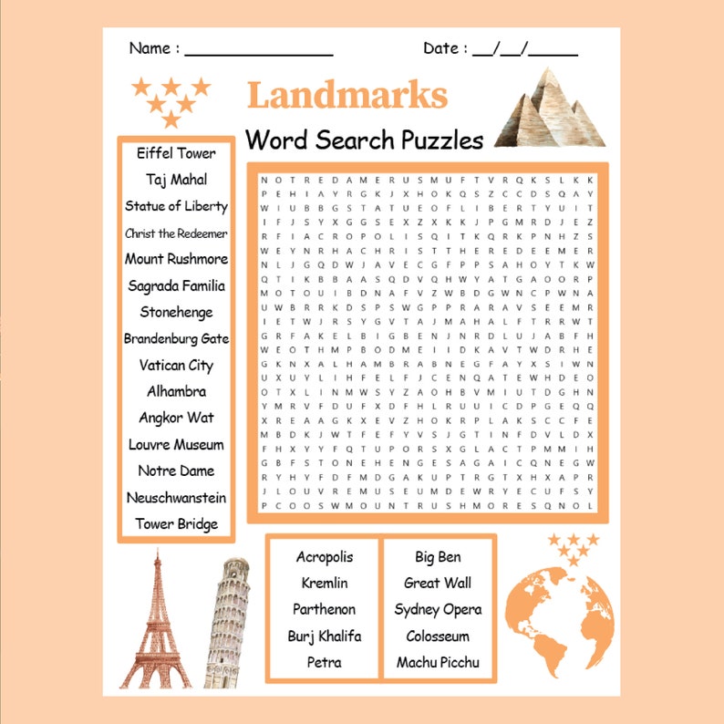 Landmarks Word Search Puzzle Worksheet Activity 99 Printable Puzzle ...