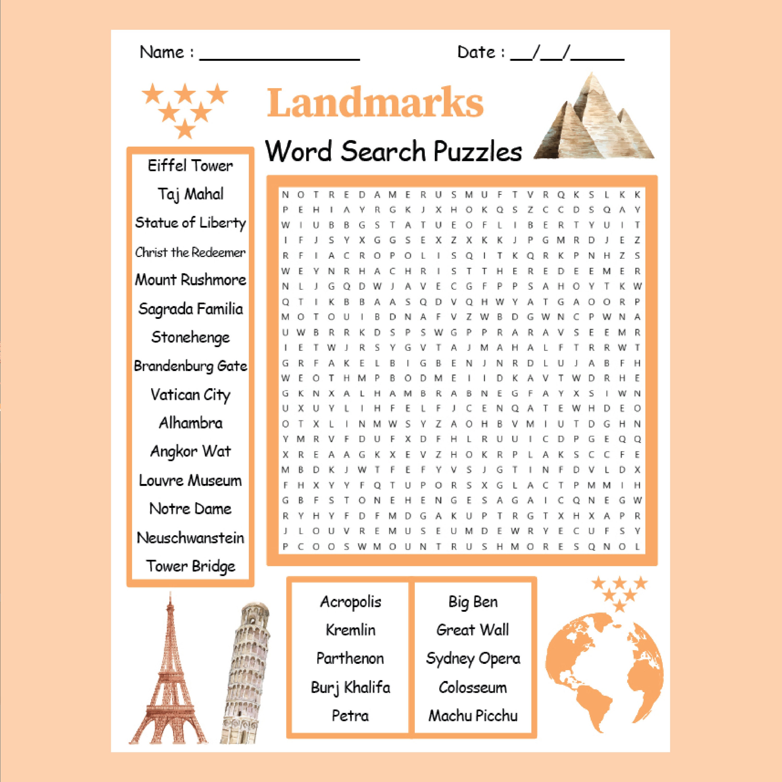 Landmarks Word Search Puzzle Worksheet Activity 99 Printable Puzzle ...