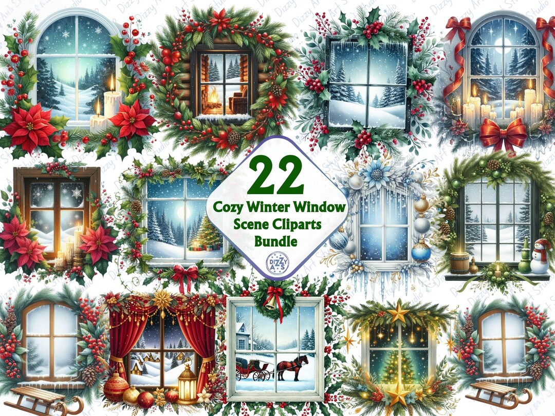 Cozy Winter Window Scene Clipart Set, Holiday Clipart, Winter Decorations, Digital Download ...