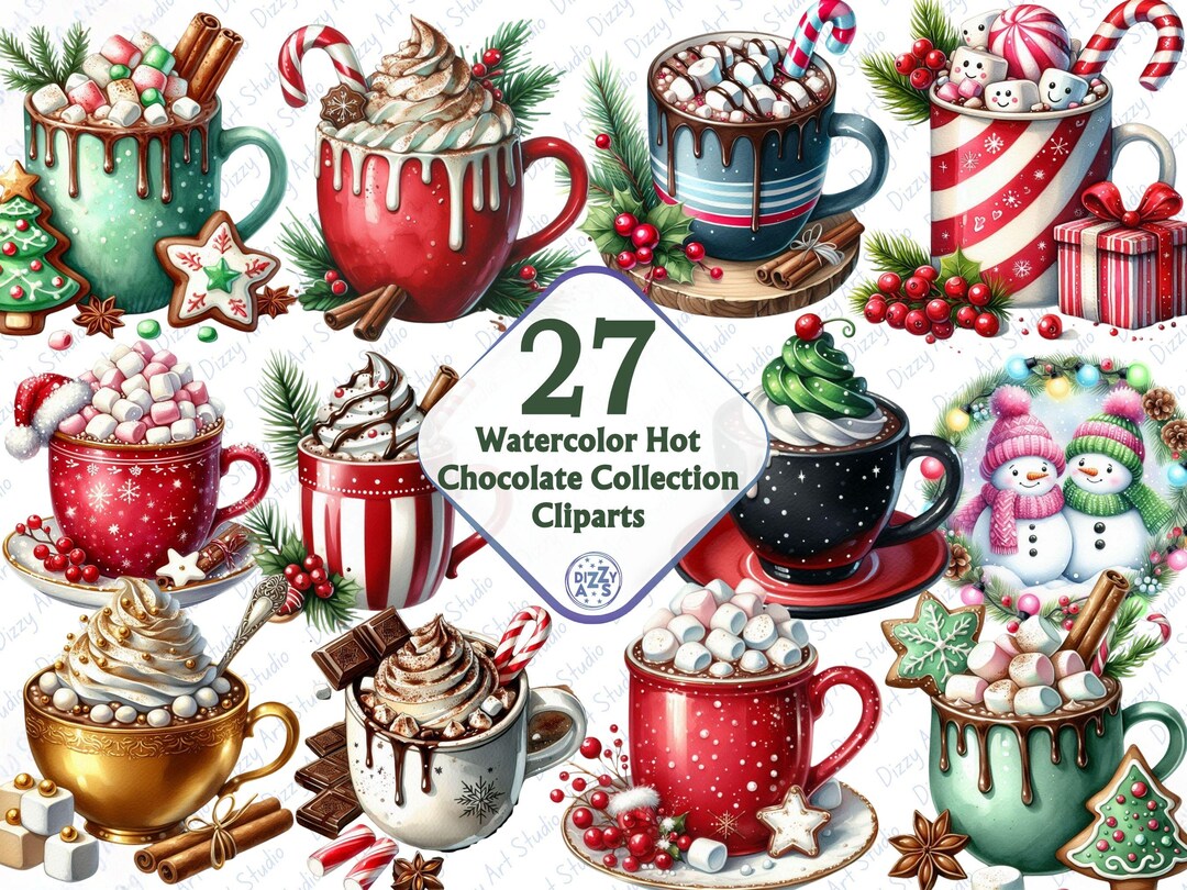 Watercolor Hot Chocolate Clipart 27 PNG Hot Cocoa Bundle, Cozy Winter ...