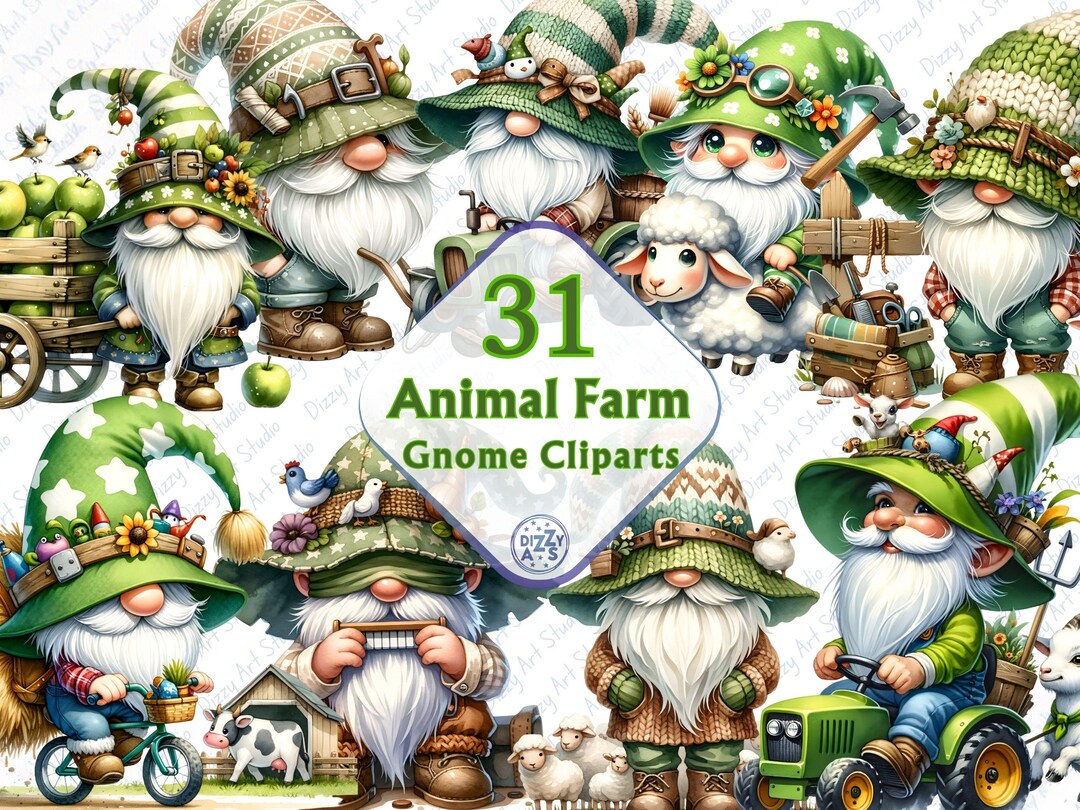 Watercolor Animal Farm Gnome Png Clipart Bundle, Farmers Market Clipart ...