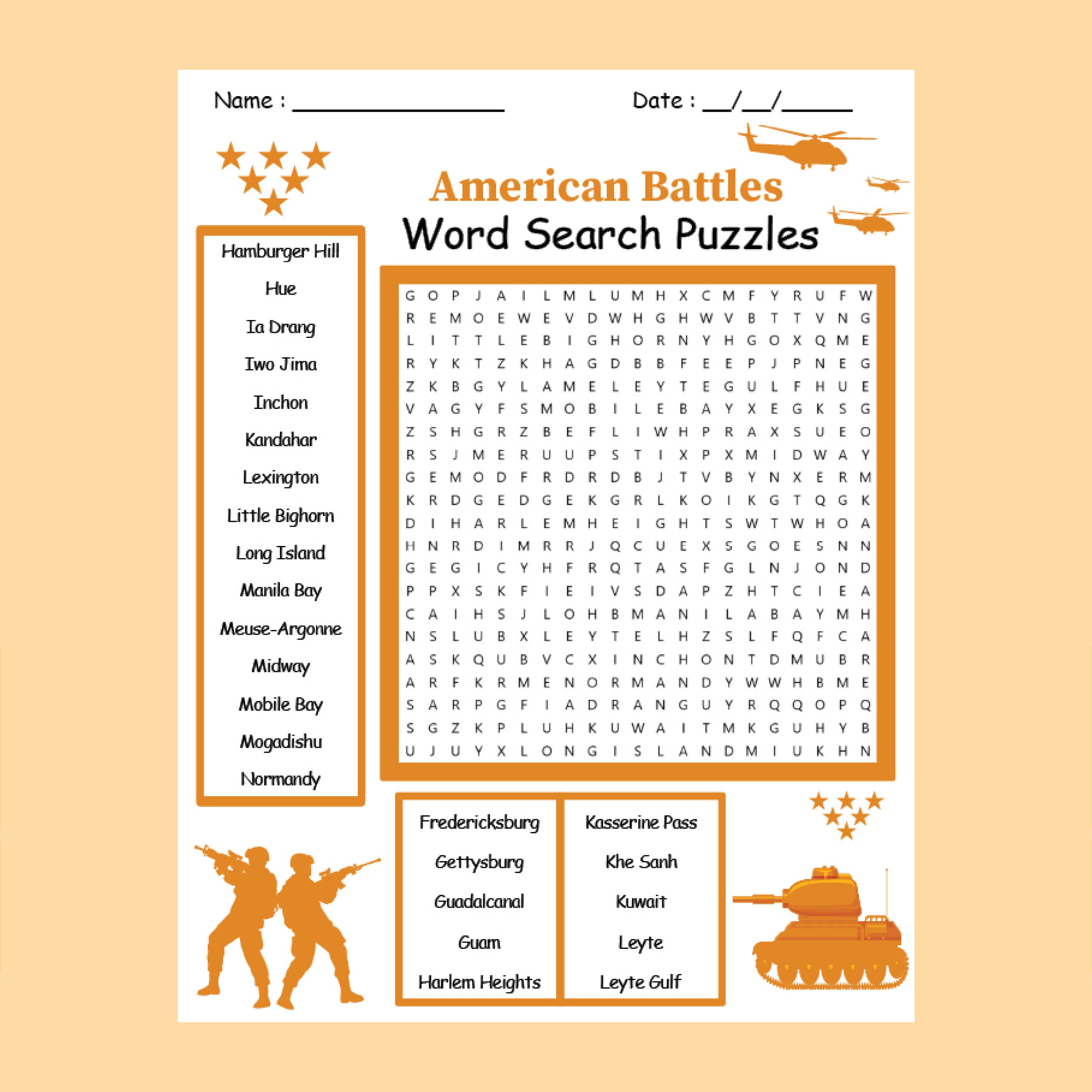 American Battles Word Search Puzzle Worksheet Activity | Printable ...