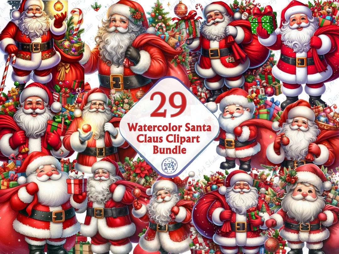 Watercolor Santa Clipart Bundle - 29 Pngs Festive Christmas Fun, Winter ...