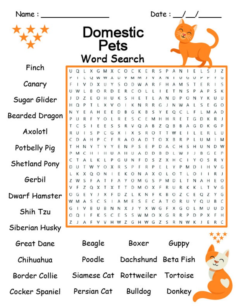 Domestic Pets Word Search Puzzle | 81 Printable Puzzle Pages for Kids ...
