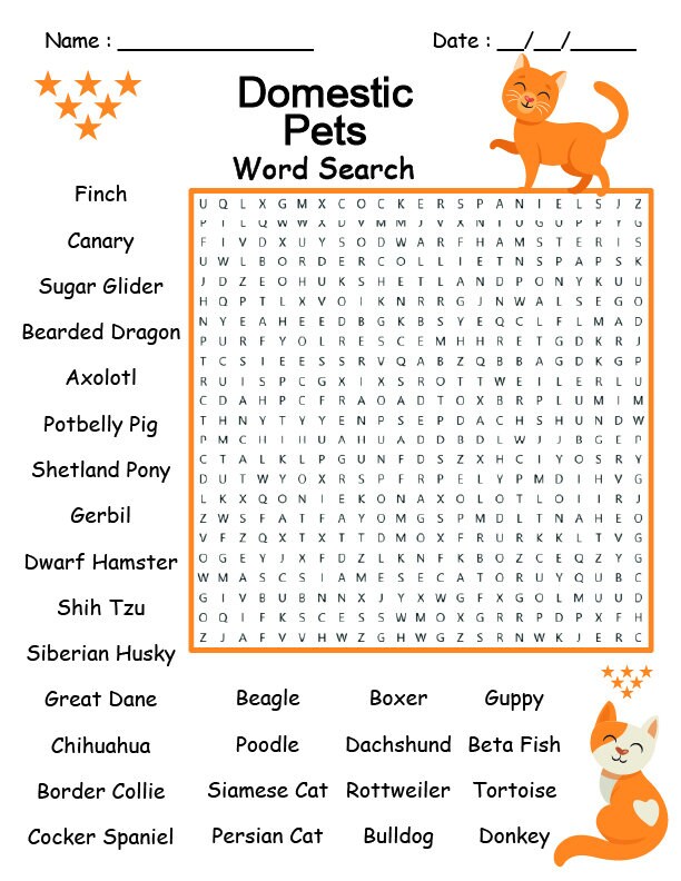 Domestic Pets Word Search Puzzle | 81 Printable Puzzle Pages for Kids ...