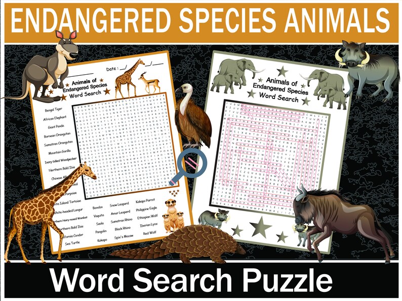 Animals of Endangered Species Word Search Puzzle | 99 Printable Puzzle ...