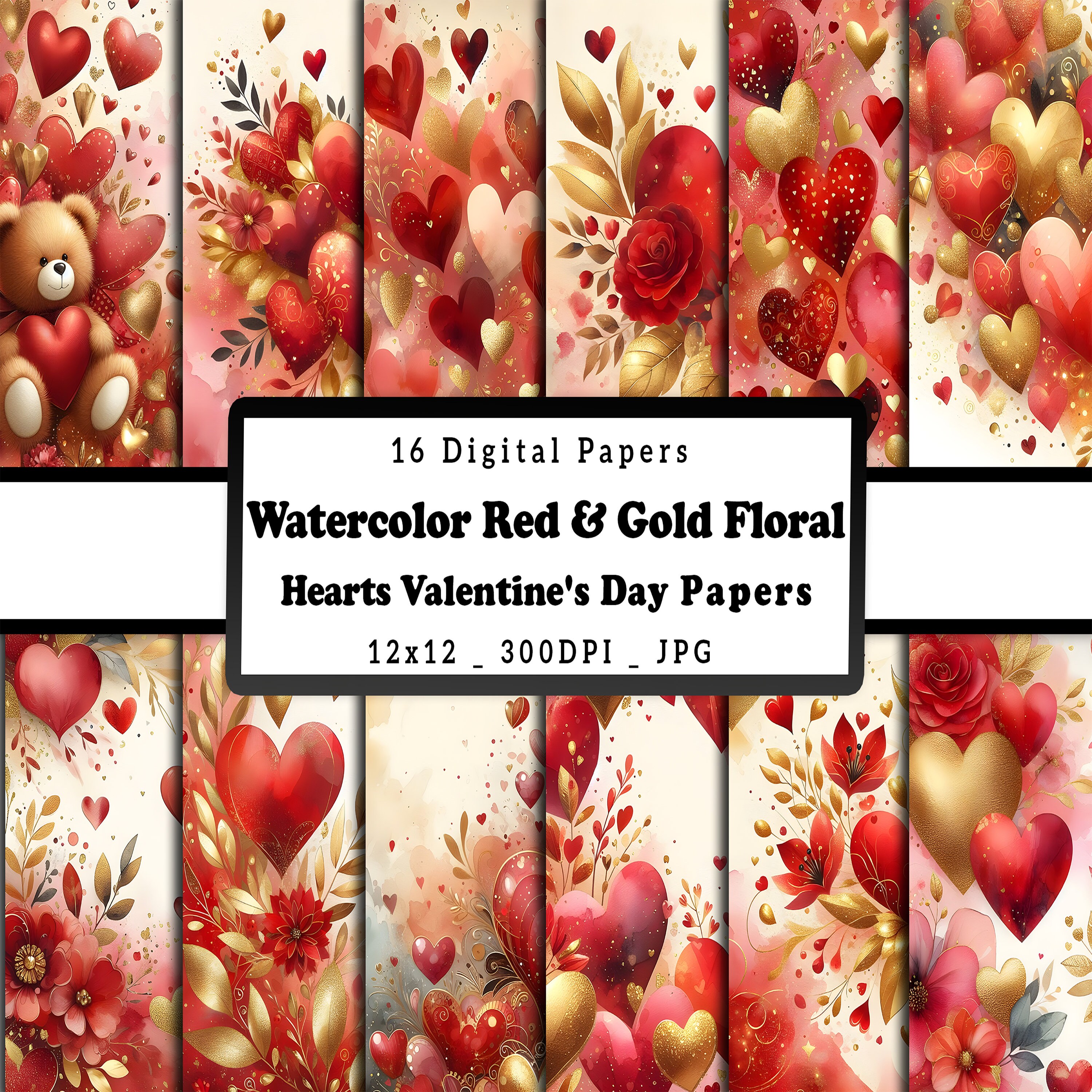 Love Hearts and Flowers Digital Paper, Watercolor Red Gold Valentine ...