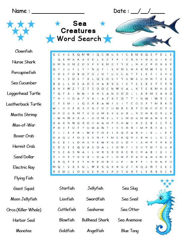 Sea Creatures Word Search Puzzles | 99 Printable Puzzle for Kids and ...