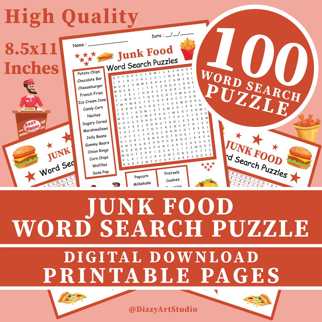Junk Food Word Search Puzzle Worksheet Activity | 100 Printable Puzzle ...