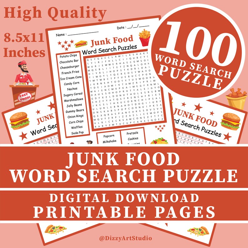 Junk Food Word Search Puzzle Worksheet Activity | 100 Printable Puzzle ...