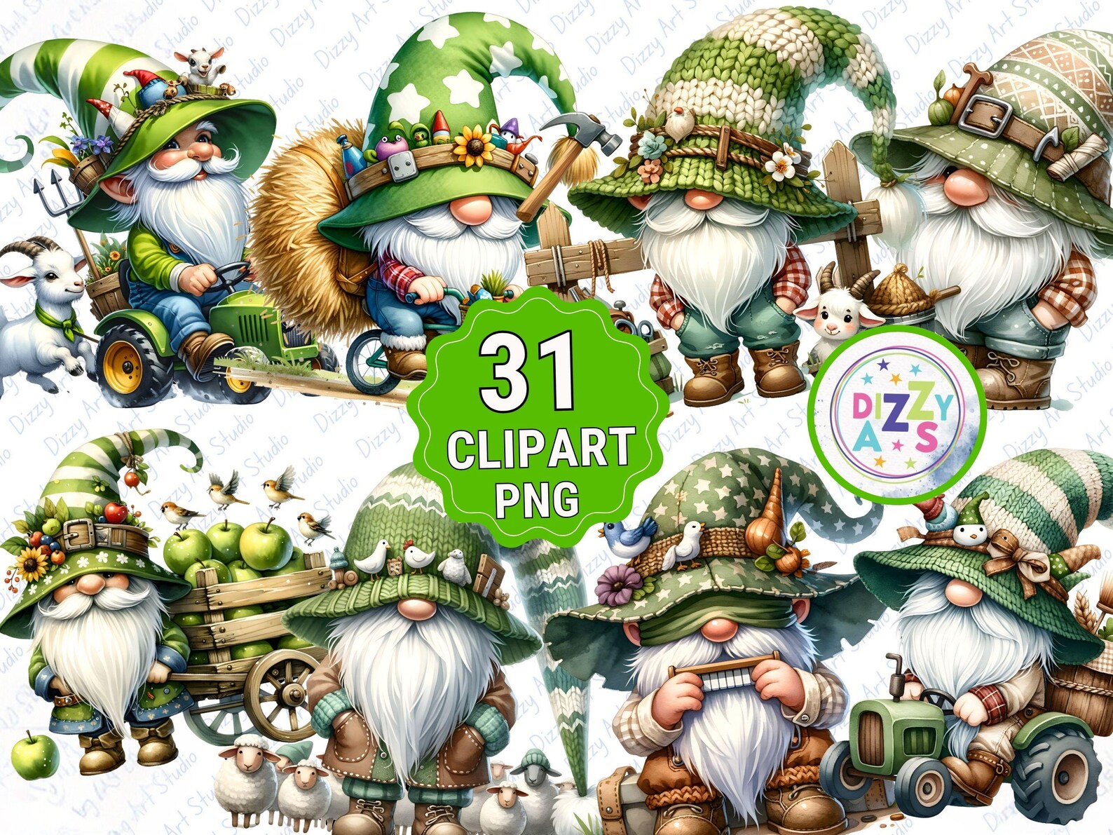 Watercolor Animal Farm Gnome Png Clipart Bundle, Farmers Market Clipart ...