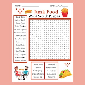 Junk Food Word Search Puzzle Worksheet Activity | 100 Printable Puzzle ...